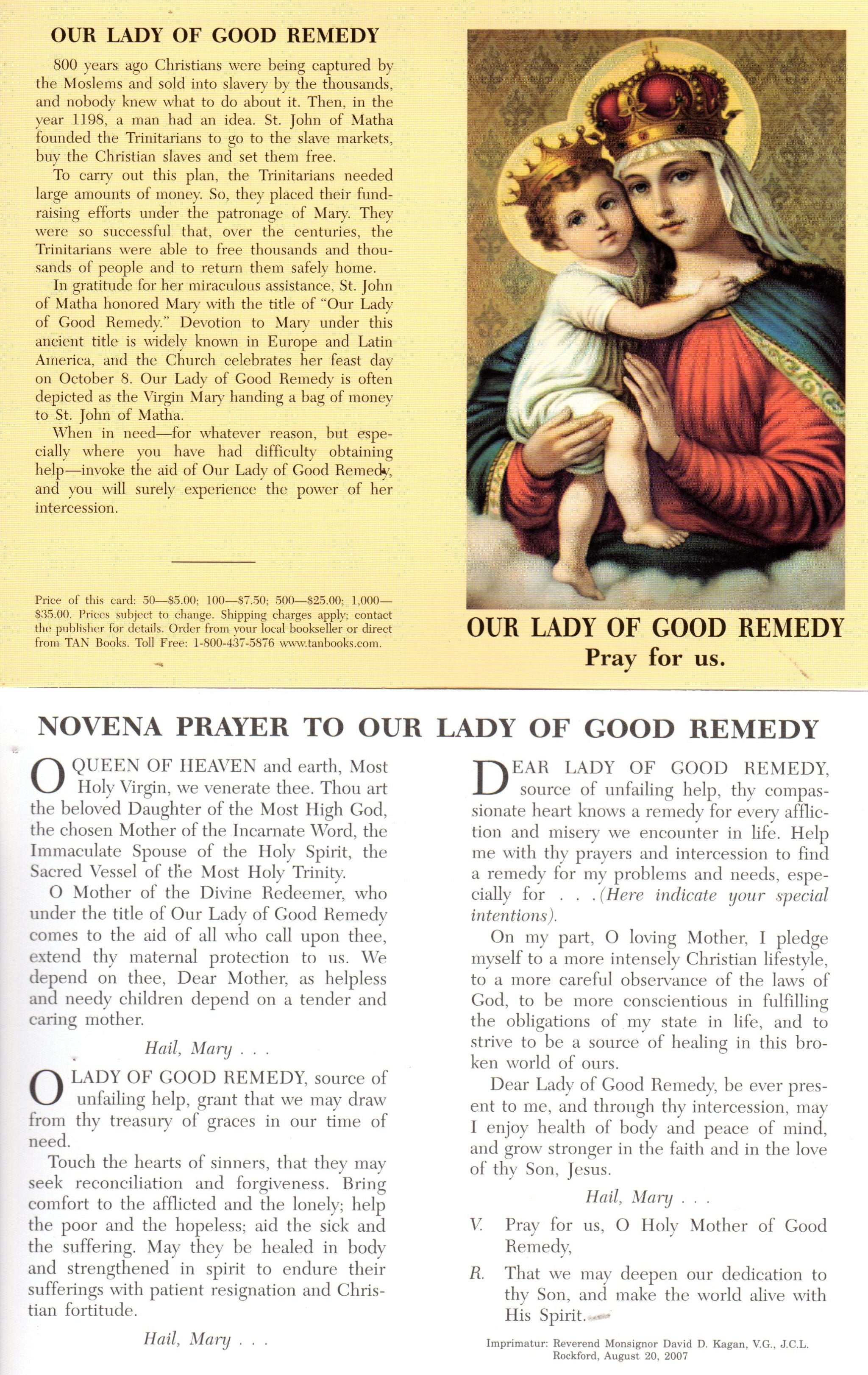 Our Lady of Good Remedy Prayer and Novena Card – Cardinal Newman Faith ...